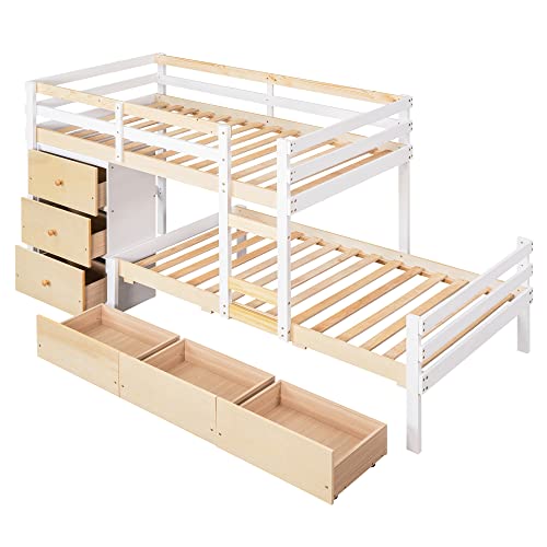 Brisca Twin Over Twin Loft Bunk Bed with 6 Storage Drawers and Ladder,Bed Frame W/Neutral Finish & Simple Design,for Apartment,Bedroom,Guest Room,Natural