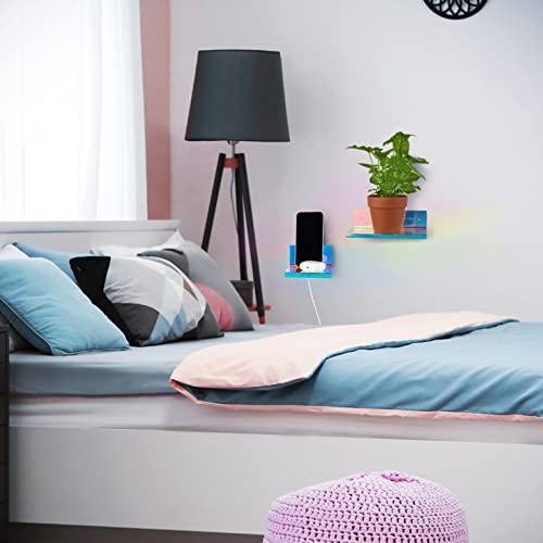 BRBR Store Floating Multi-Use Acrylic Wall Shelf Set | Pack of 2 Iridescent Mounted Shelves with Ledge and Hole for Photo Display, Phone Charging, More, One 4 In x 3 9