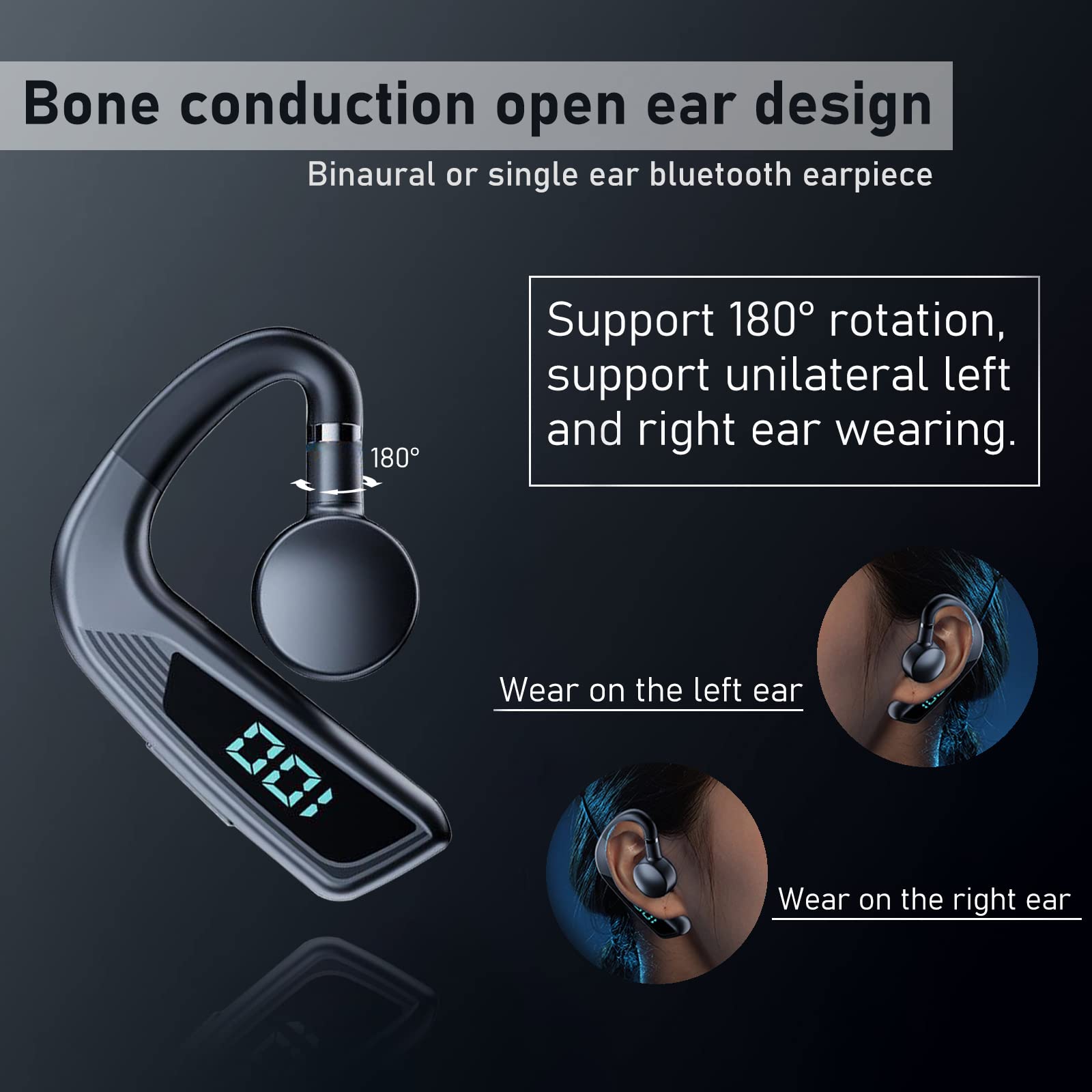 Bone conduction headphones bluetooth earpiece open ear headphones with microphone noise cancelling trucker bluetooth headset for cell phones hand-free IPX5 waterproof headset with 20-Hours usage