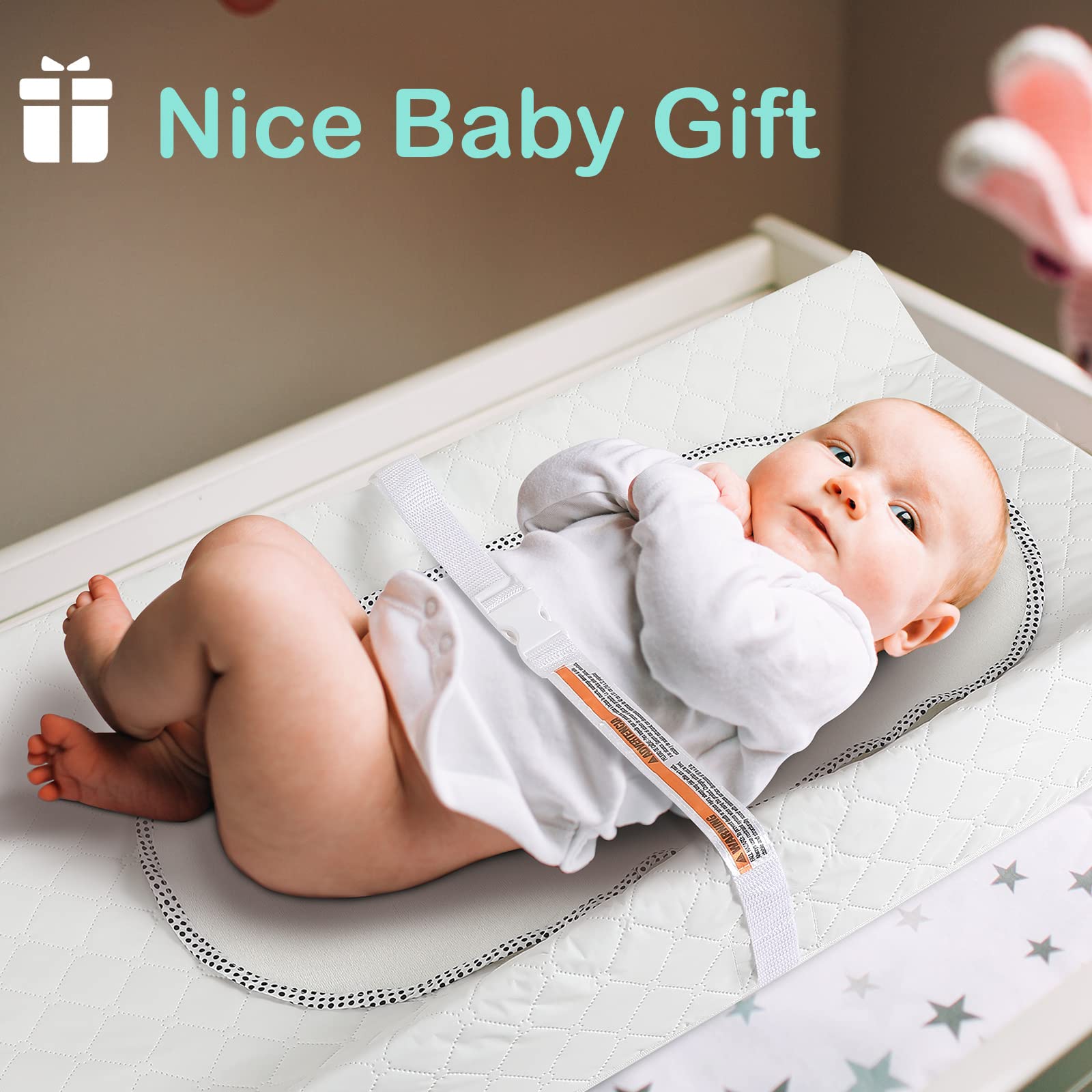 Baby Changing Pad with 6 Pack Ultra Soft Plush Liners Waterproof Diaper Changing Pad 16 x 32 in Foam Contoured Changing Table Pads with Security Strap Two High Curved Sides for Dresser Changing Table