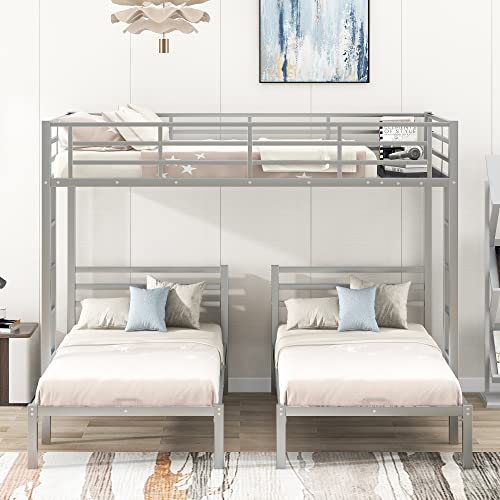 DEYOBED Full Over Twin & Twin Metal L-Shaped Triple Bed Bunk Bed with Built-in Shelf and 2 Ladders - Space-Saving and Organized Sleep Space for Kids, Teens, Adults