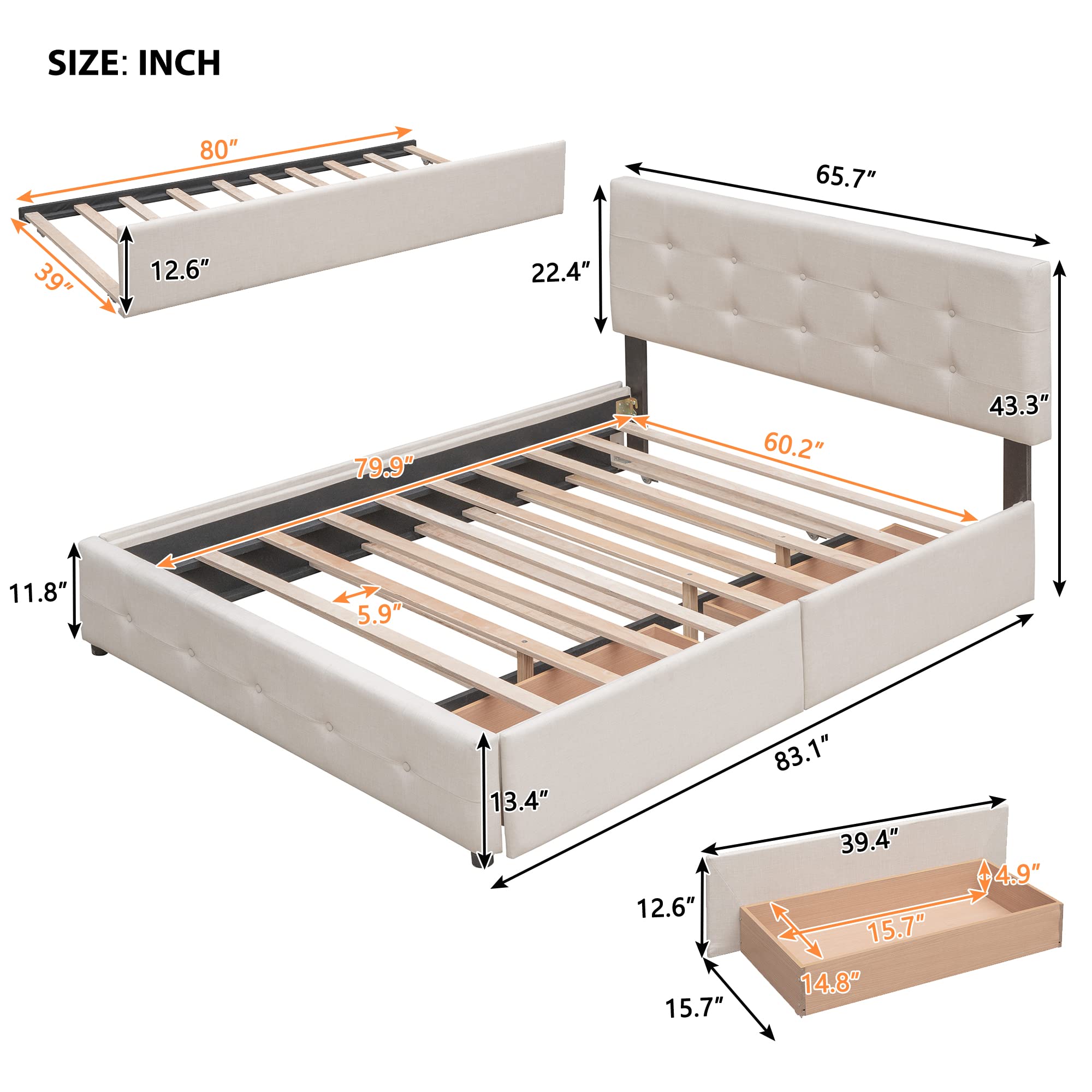 Harper & Bright Designs Upholstered Queen Size Platform Bed with 2 Storage Drawers and 1 Twin XL Trundle, Wood Queen Storage Bed with Linen Fabric for Bedroom Guestroom (Queen, Beige)