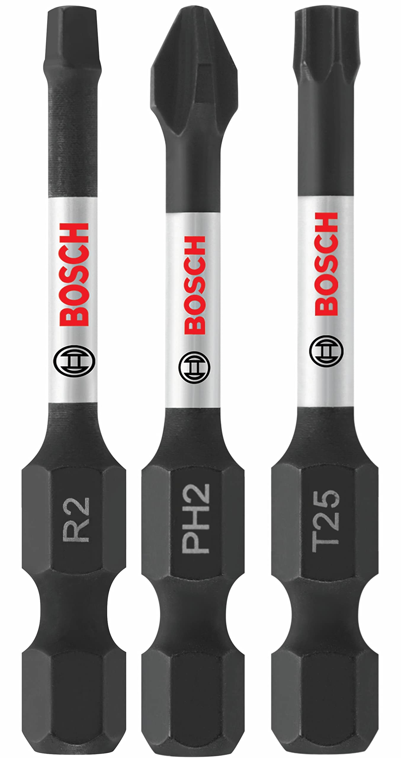 BOSCH ITV203 3-Piece 2 In. Impact Tough Screwdriving Power Bits Mixed Set Including PH2, SQ2, T25 Bits
