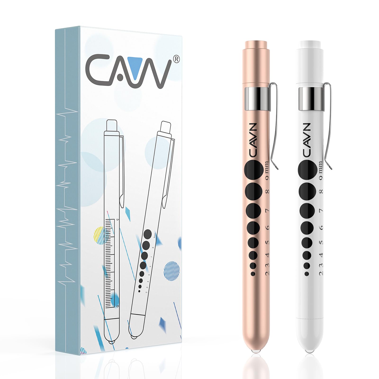 CAVN Pen Light with Pupil Gauge LED Penlight for Nurses Doctors, 2 Pcs Reusable Medical Penlight for Nursing Students (Rose Gold/White)