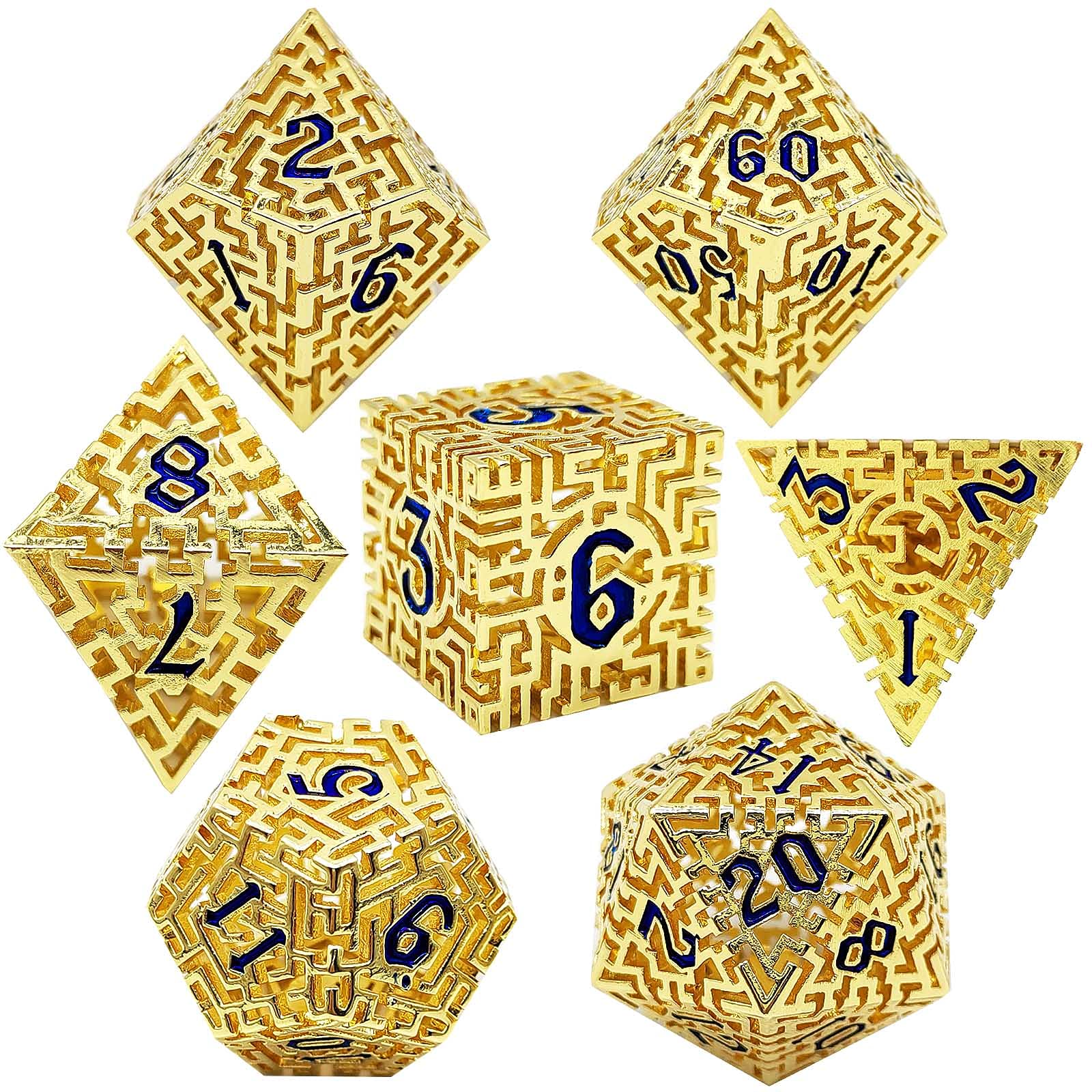 DND Dice Set D&D Metal Dungeons and Dragons Hollow Dice Tabletop Games Polyhedral Pathfinder Multi Sided Roleplaying RPG MTG 7 Board Accessories Gifts D4 D6 D8 D10 D12 D20 (Golden Blue)