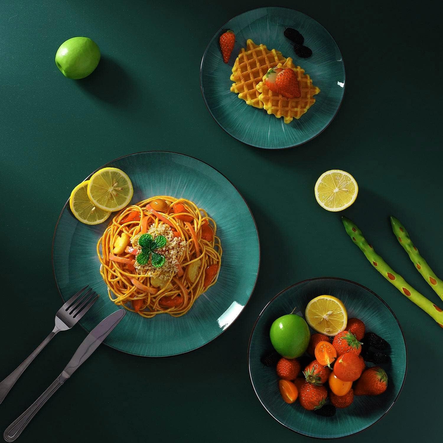 Bestone 12 Piece Round Kitchen Dinnerware Set,Plates and Bowls sets,Dishes, Plates, Bowls, Dish Set,Plates and Bowls,Service for 4, Chip Resistant Porcelain,Starburst Turquoise green