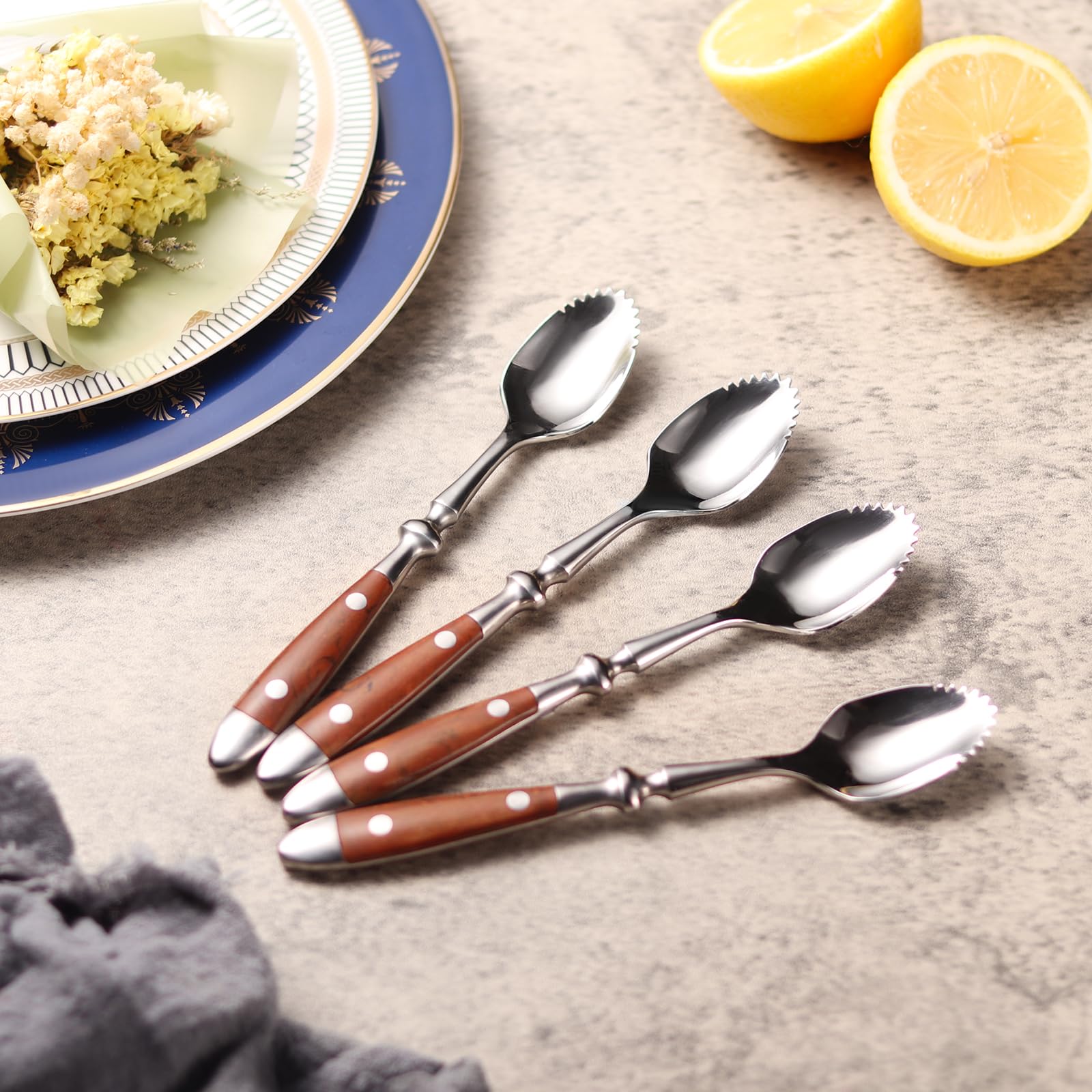 CherHome Grapefruit Spoons,4pcs Serrated Grapefruit Spoon Scoop,Premium Stainless Steel 18/8 Fruit Spoon Kiwi Spoon with Comfortable Bakelite Handle,For Any Citrus&Grapefruits,Wood Grain Handle