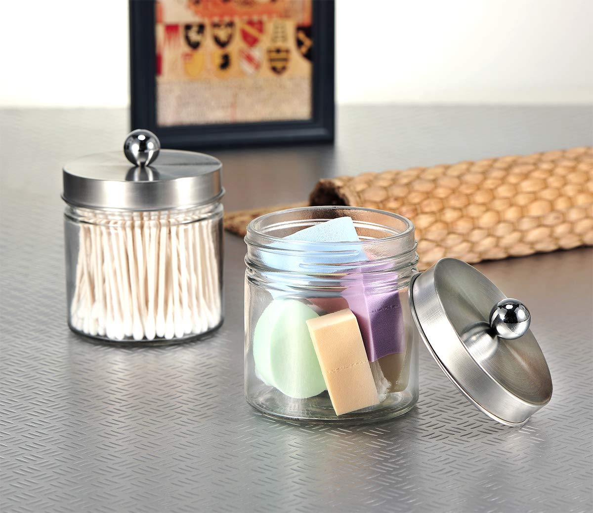 Bathroom Vanity Glass Storage Organizer Holder Canister Apothecary Jars for Cotton Swabs, Rounds, Balls, Qtips,Makeup Sponges, Flossers,Bath Salts - 2 Pack, Clear (Brushed Nickel)