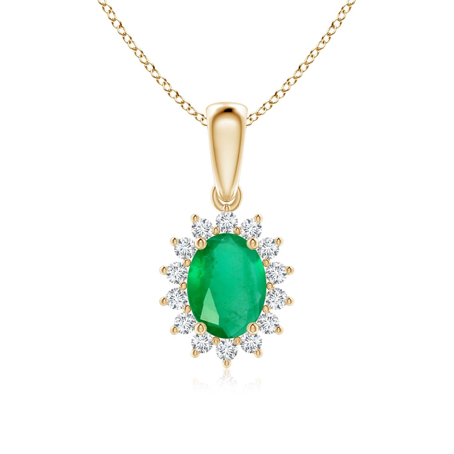 Angara Natural 1.1 Ct Emerald and 0.29 Ct Diamond Halo Pendant Necklace for Women in 14K Yellow Gold (Grade-A | Size-8x6mm) | May Birthstone, Birthday, Anniversary, Wedding Jewelry Gift For Women