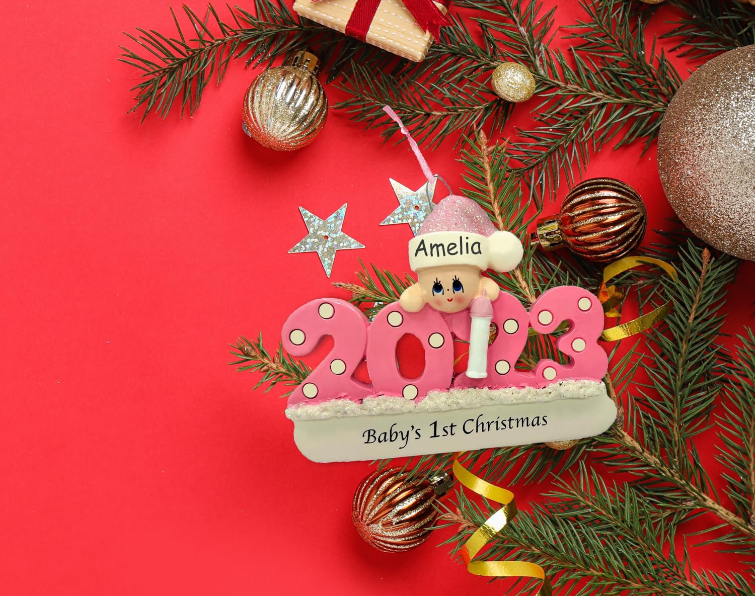 Personalized 2021 Baby's First Christmas Tree Ornament 1st Keepsake Gift - Pink Baby Girl with Santa Stocking Cap Hat and Bottle - Your Choice of Name