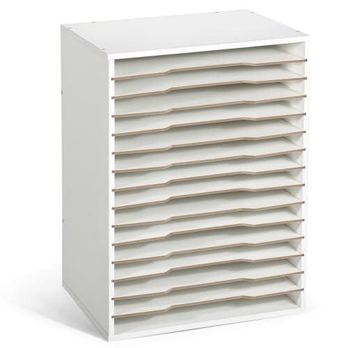 Caydo 15 Slot Paper Organizer Storage, Wood Adjustable Shelves Paper Storage Shelf with Extraction Slot for 12x12Inch Scrapbooks, Heat Transfer Papers, Files, Vinyl fo Office, Home (White)