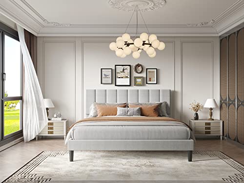 BONSOIR King Size Bed Frame Modern Vertical Panel Upholstered Low Profile Platform with Tufted Headboard/No Box Spring Needed/No Bed Skirt Needed/Linen Fabric Upholstery/Light Grey