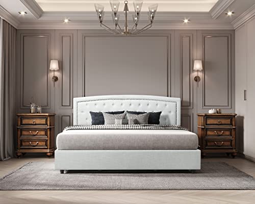 BONSOIR Queen Size Storage Bed Frame Upholstered Low Profile Traditional Platform with Tufted and Nail Headboard