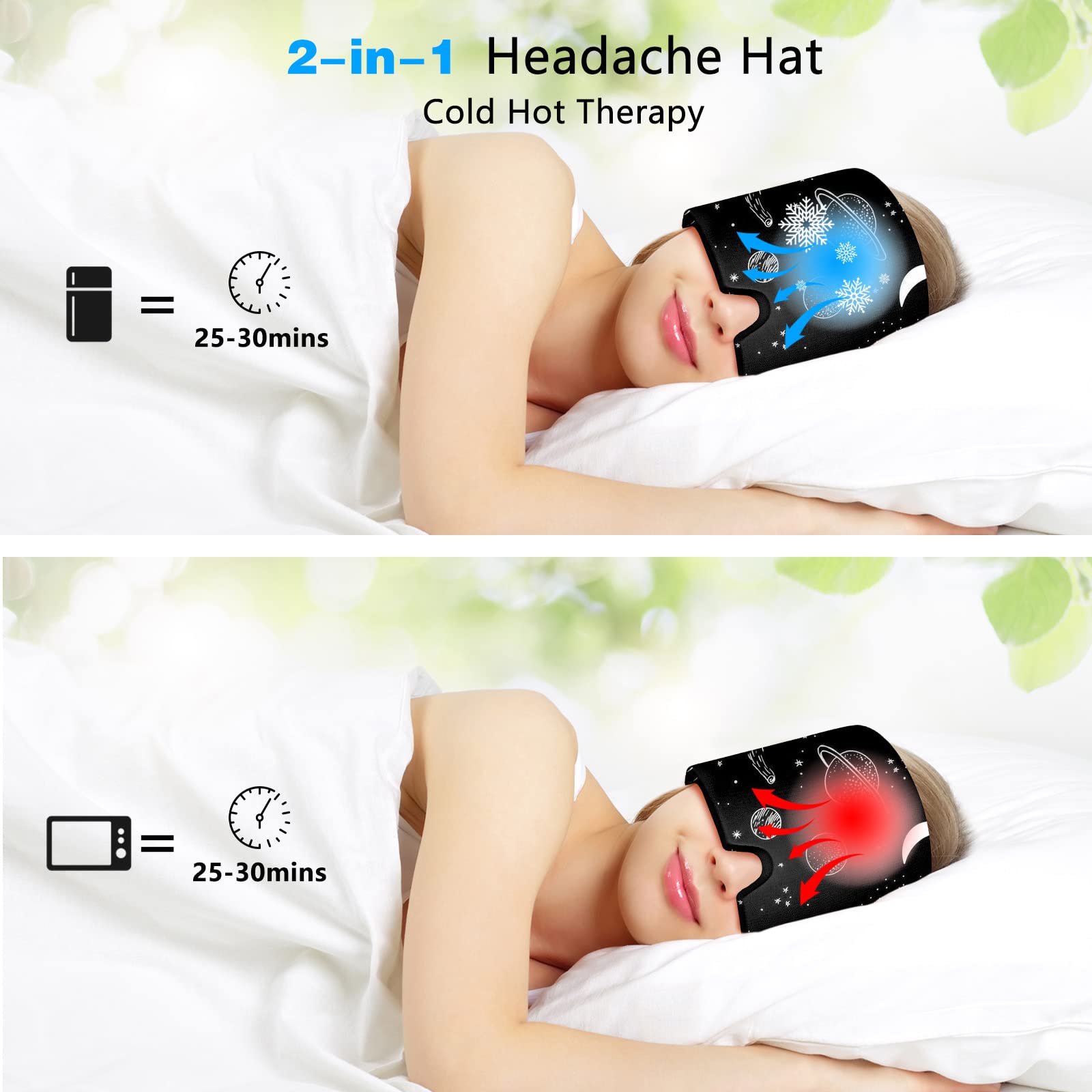 Briyard Migraine Relief Cap (400FF), Headache Relief Hat for Migraine Ice Head Wrap, Ice Pack for Headaches, Migrane Pain Relief Mask +Migraine Relaxation Clip Star Black