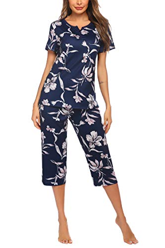 Ekouaer Ladies Pajamas Two Pieces Floral Printed Short Sleeves Shirt Set Capri Pants Sleepwear with Button PJS Sets Navy Blue S