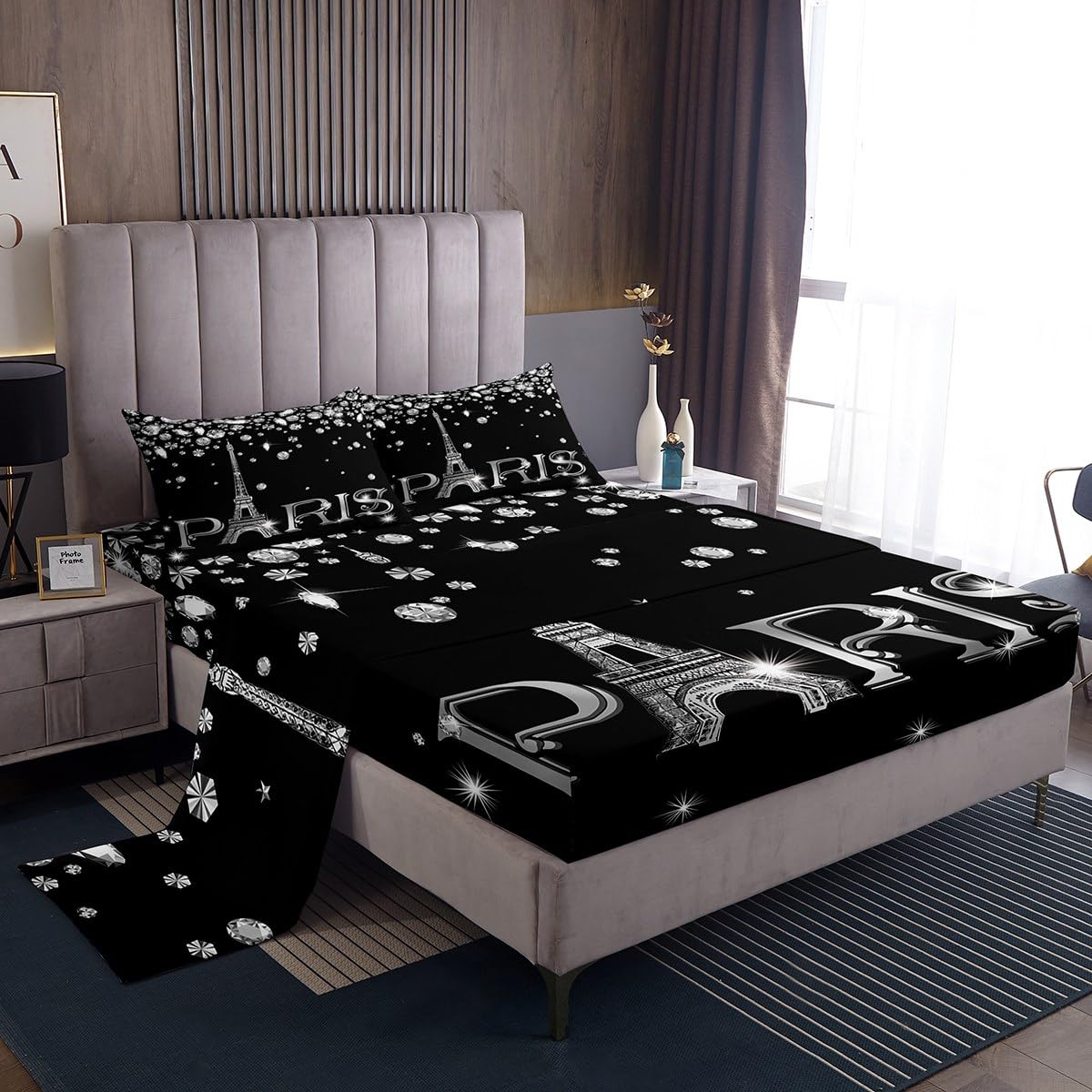 Eiffel Tower Sheet Set Full Size,Romantic Paris Tower Bed Sheets for Teens Adult,Gradient Diamond Bedding Set,Black White Sparkles Sequins Valentines Fitted Sheet + Top Sheet + 2 Pillow Shams