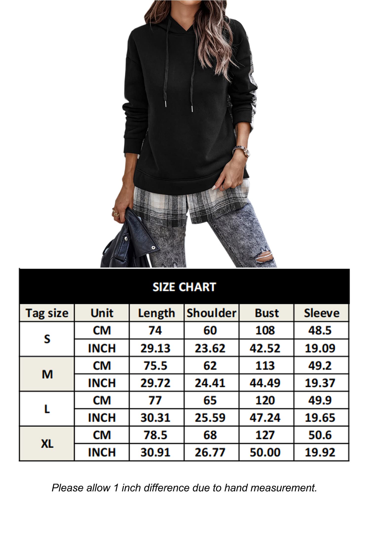 Angashion Womens Hoodies Long Sleeve Plaid Patchwork Tops Color Block Lightweight Fake Two-Piece Casual Pullover #Black Small