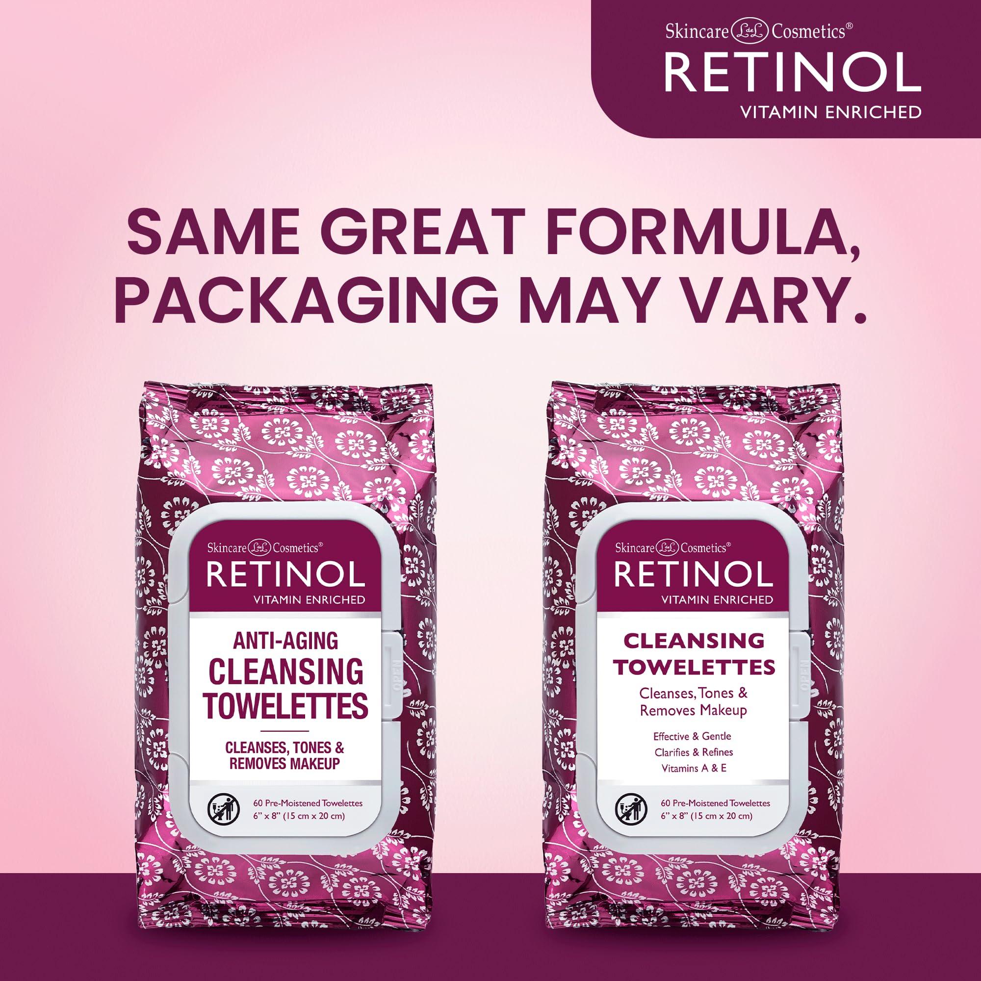 Retinol Anti-Aging Cleansing Towelettes β All-in-One Cleanser, Toner & Makeup Remover in a Convenient Pre-Moistened Wipe β On-The-Go Exfoliating, Toning & Hydrating Leaves Skin Clean, Fresh & Refined
