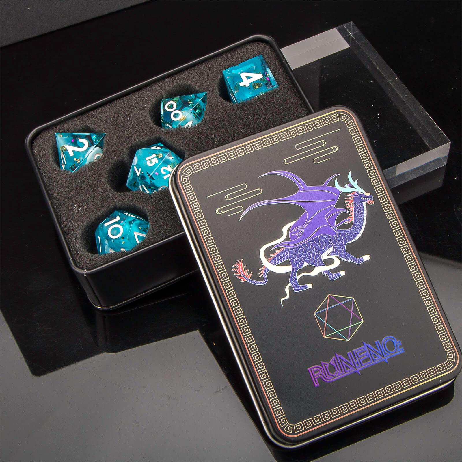 DND Polyhedral Dice Set RUNFNG Resin Sharp Edge D&D Dice 7PCS D+D Transparent RPG Dice for Dungeons and Dragons Accessories, Role Playing Table Game, Warhammer with Metallic Box