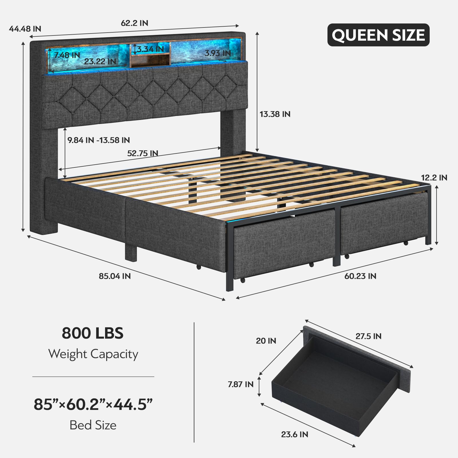 CIKUNASI LED Bed Frame Queen Size with Headboard, Queen Platform Bed Frames with Storage Drawers and Charging Station, Upholstered Bedframe with Lights Shelves, No Box Spring Needed, Dark Grey…