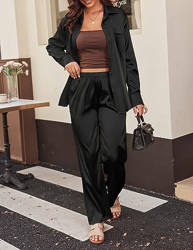 Ekouaer Lounge Set Women's Silk Sleepwear Satin Long Sleeve Pajamas Cool Pjs Set with Pants Black L