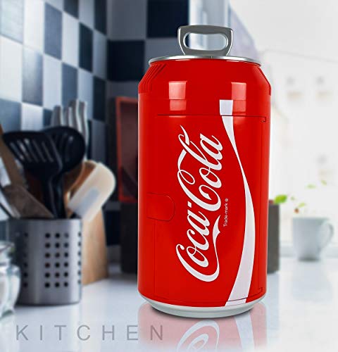 Coca-Cola 8 Can Portable Mini Fridge w/ 12V DC and 110V AC Cords, 5.4L (5.7 qt) Can Shaped Personal Cooler, Red, Travel Fridge for Drinks, Snacks, Lunch, Home, Office, Dorm Room, RV