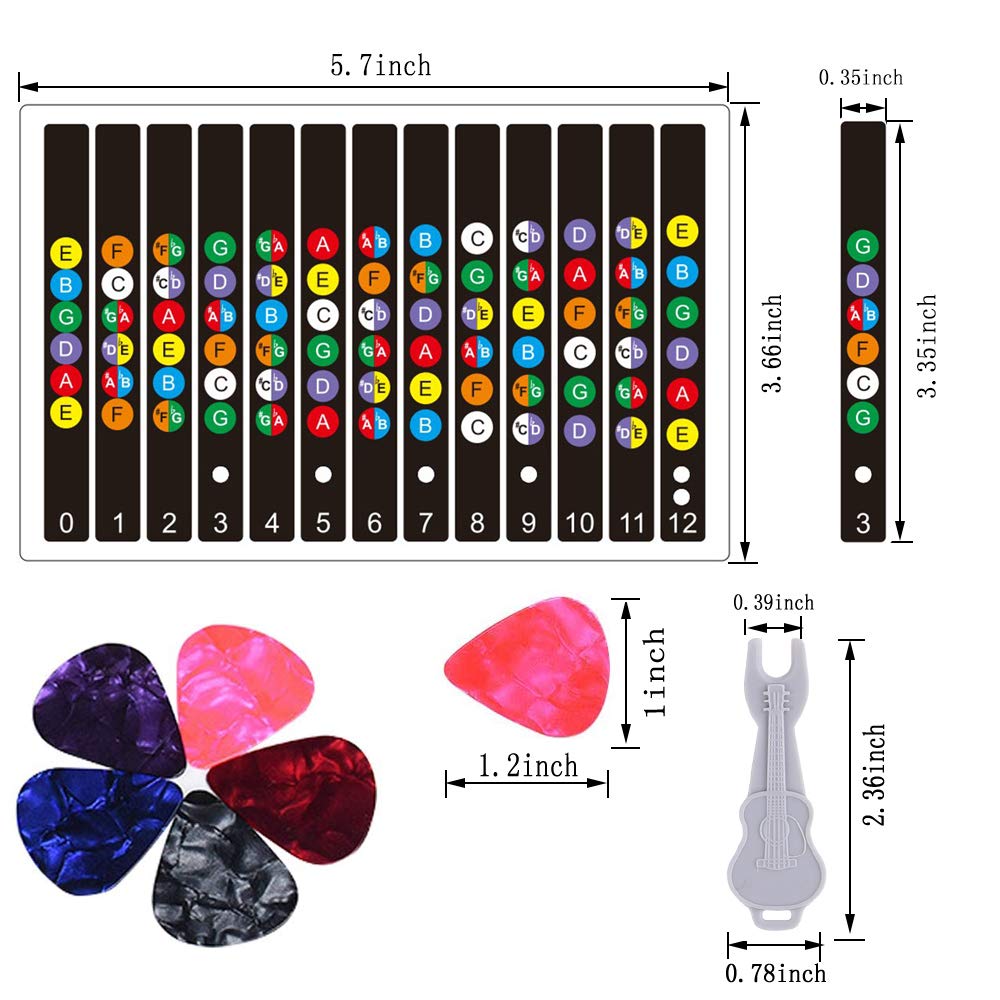 Guitar Fretboard Stickers, Kimlong Color Coded Note Decals Fingerboard Frets Map Sticker for Beginner Learner Practice Fit 6 Strings Acoustic Electric Guitars with 5 Guitar Picks & 1 Bridge Pin Puller