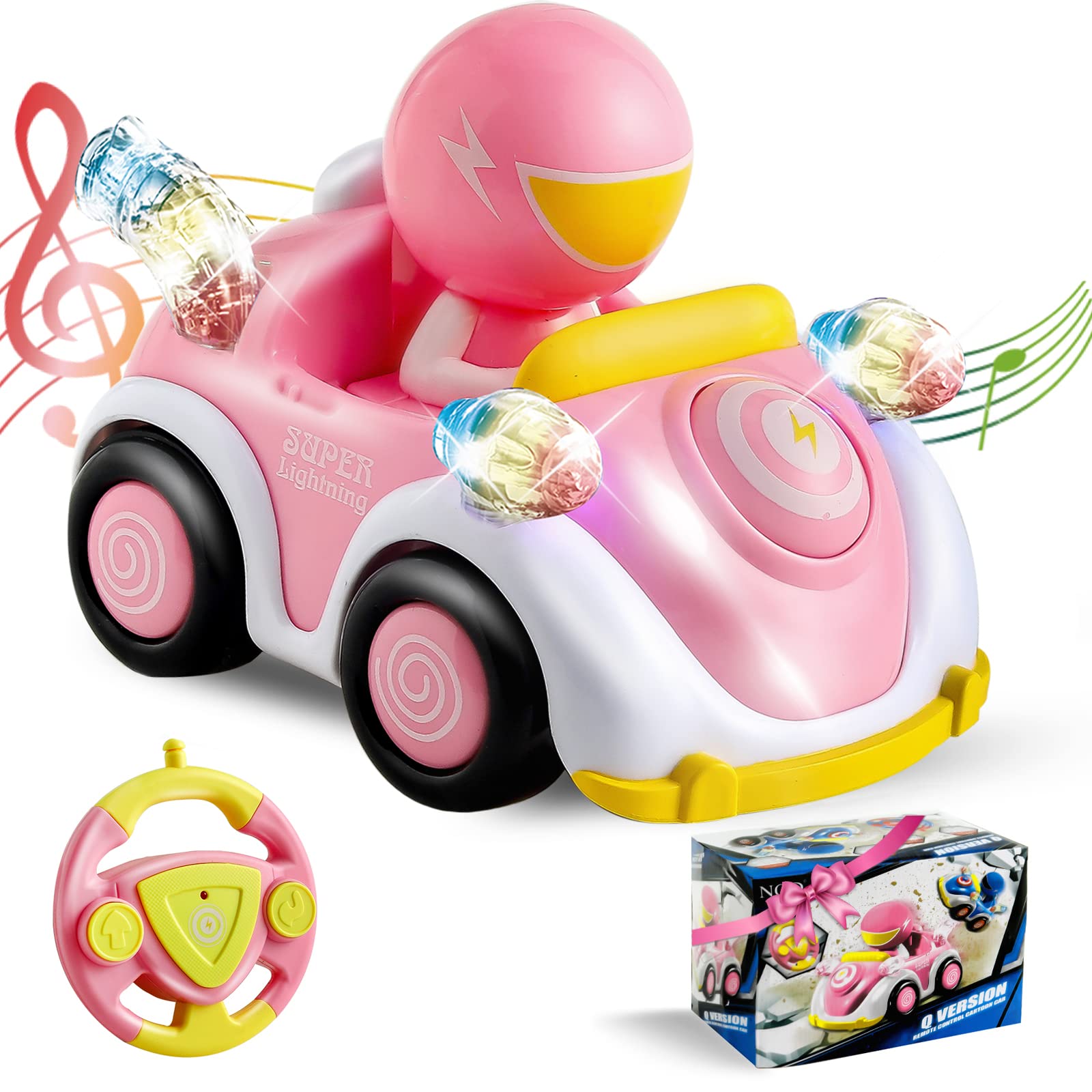 NQD Remote Control Cartoon Car for Toddlers with Music and Lights, 2.4GHz Radio Control RC Race Car, Educational Learning Toys for 3 4 5 6 Years Old Kids(Pink)