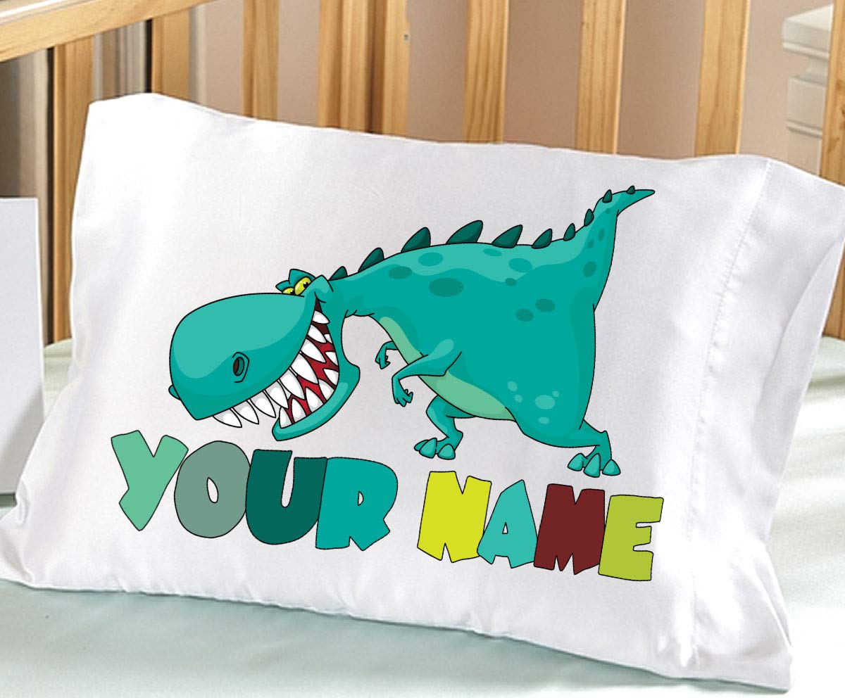 Personalized Cute Dinosaur Boys Pillow Case - (Toddler - Travel Size 13 x 18 or Standard 20 x 30 Size Birthday Gift idea for Boys Kids Room Decor