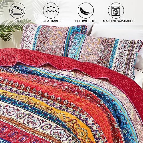 Boho Quilt Set Queen Size, Bohemian Red Strip 3 Pieces Bedspread Set Lightweight Microfiber All Season Christmas Bedding Coverlet Set for Queen Bed (96"x90")
