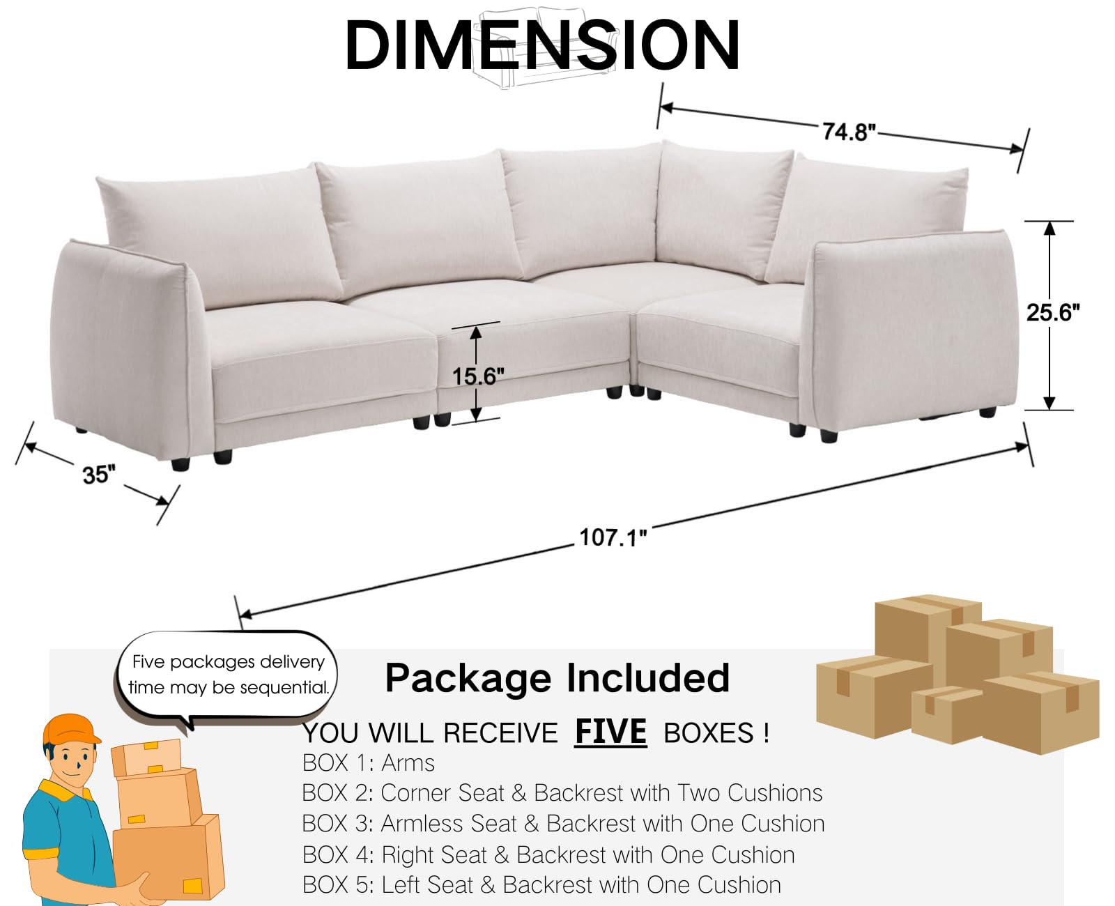 CIMOTA Oversized Corner Modular Sectional Fabric Sofa, 107 Inch Large 4 Seater Sofa Set, L Shaped Corner Sectional Cloud Sofa Couch for Living Room and Office, 3 Seat and 1 Middle Corner, White