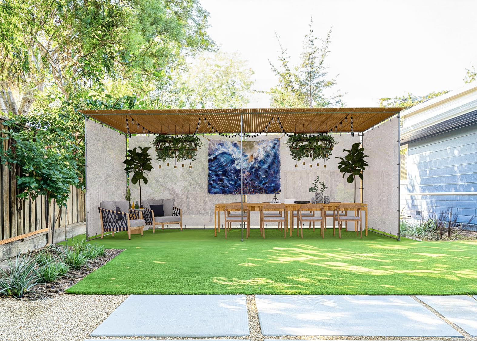 The Sieger Open Air Sukkah - Full Mesh Walls to Keep You Cool - Complete Kit Including frame walls Bamboo Mats & Support Poles - Easy to Assemble - No Tools Required (6x8)