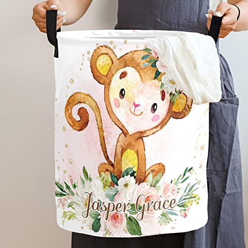 Cute Monkey Pink Floral Personalized Laundry Basket Clothes Hamper with Handles Waterproof,Custom Collapsible Laundry Storage Baskets for Bedroom,Bathroom Decorative Large Capacity