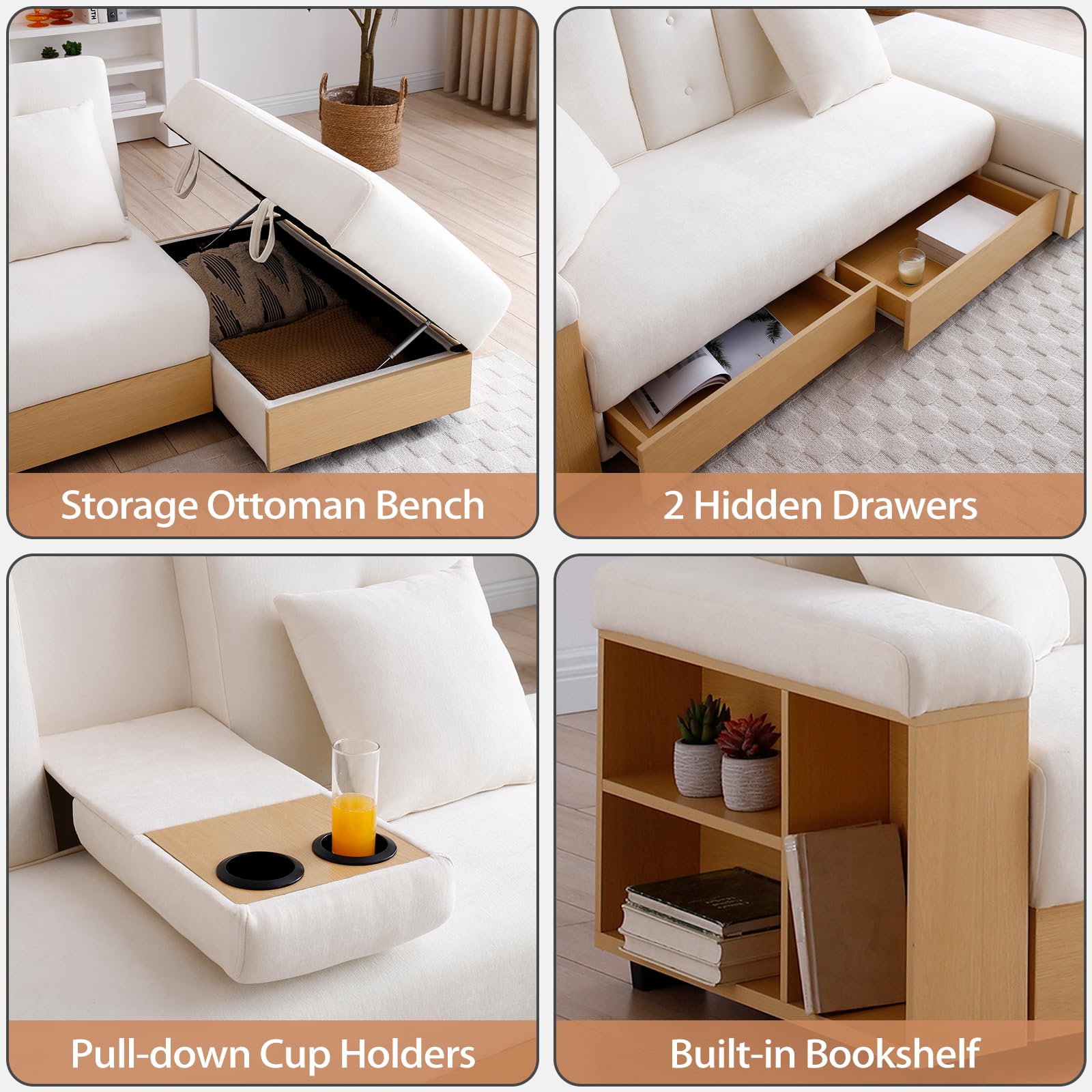 cinkehome 85" Convertible Sleeper Sofa with Adjustable Backrest, Multifunctional Couch Bed for Living Room, Storage Ottoman, Built in Drawer, Bookself and Cup Holders, Comfy Cotton-Linen, Beige