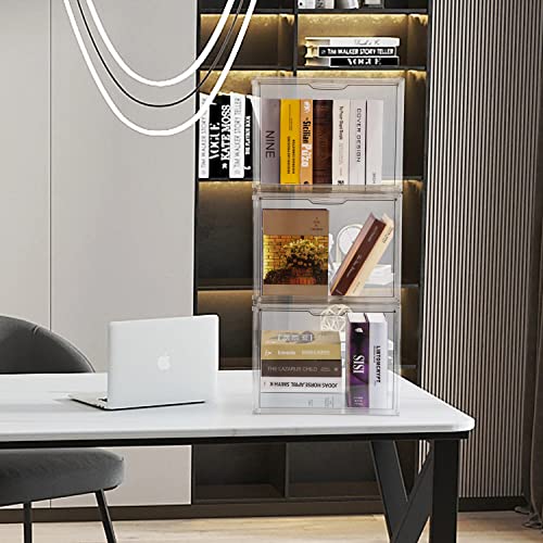 BOHOIDEE Clear Book Storage Organizer for Bookshelf, Plastic Stackable Book Display Case with Magnetic Door, Acrylic Showcase for Toys Handbags, Shoes, Purses