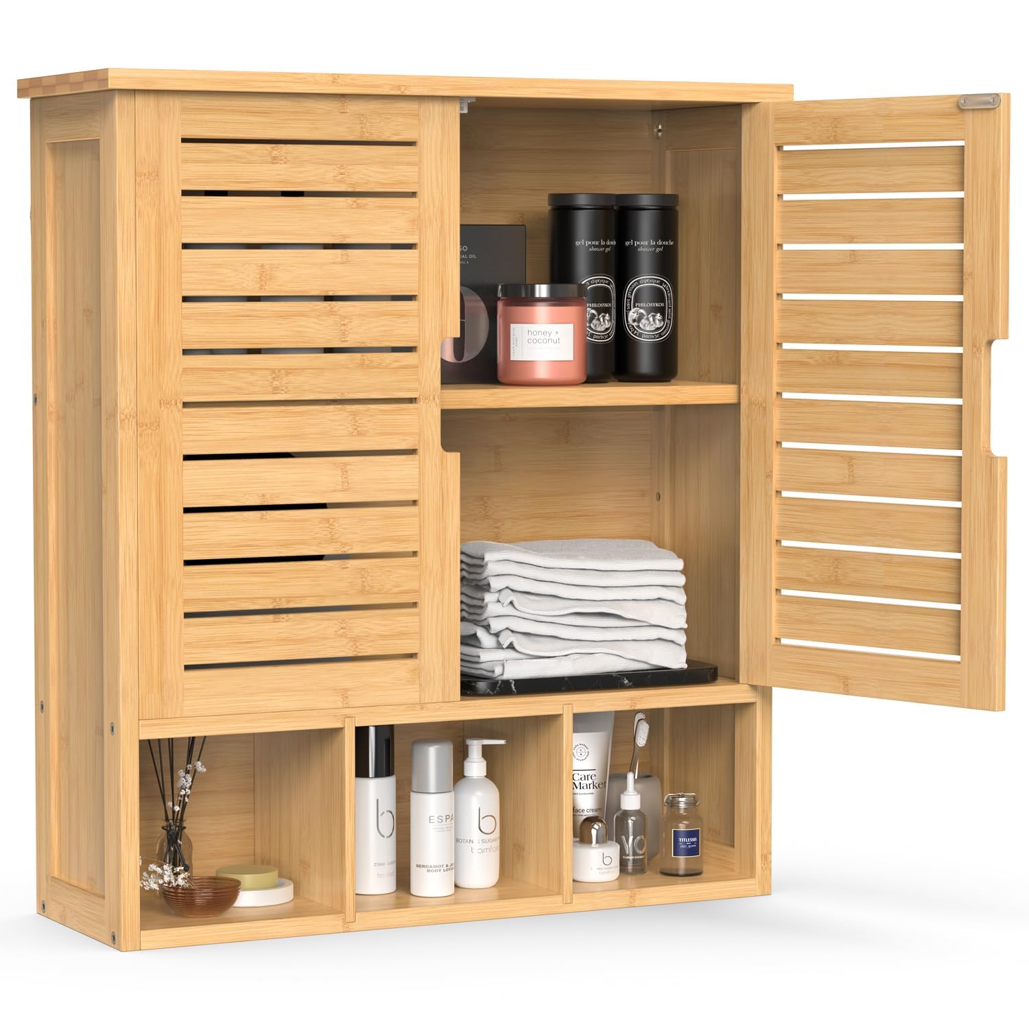 BAMBOOHOMIE Bathroom Wall Cabinet, Bamboo Medicine Cabinet Wall Mounted with 2 Doors & Adjustable Shelf, Over The Toilet Storage Cabinet for Bathroom Laundry Room Kitchen (Natural)