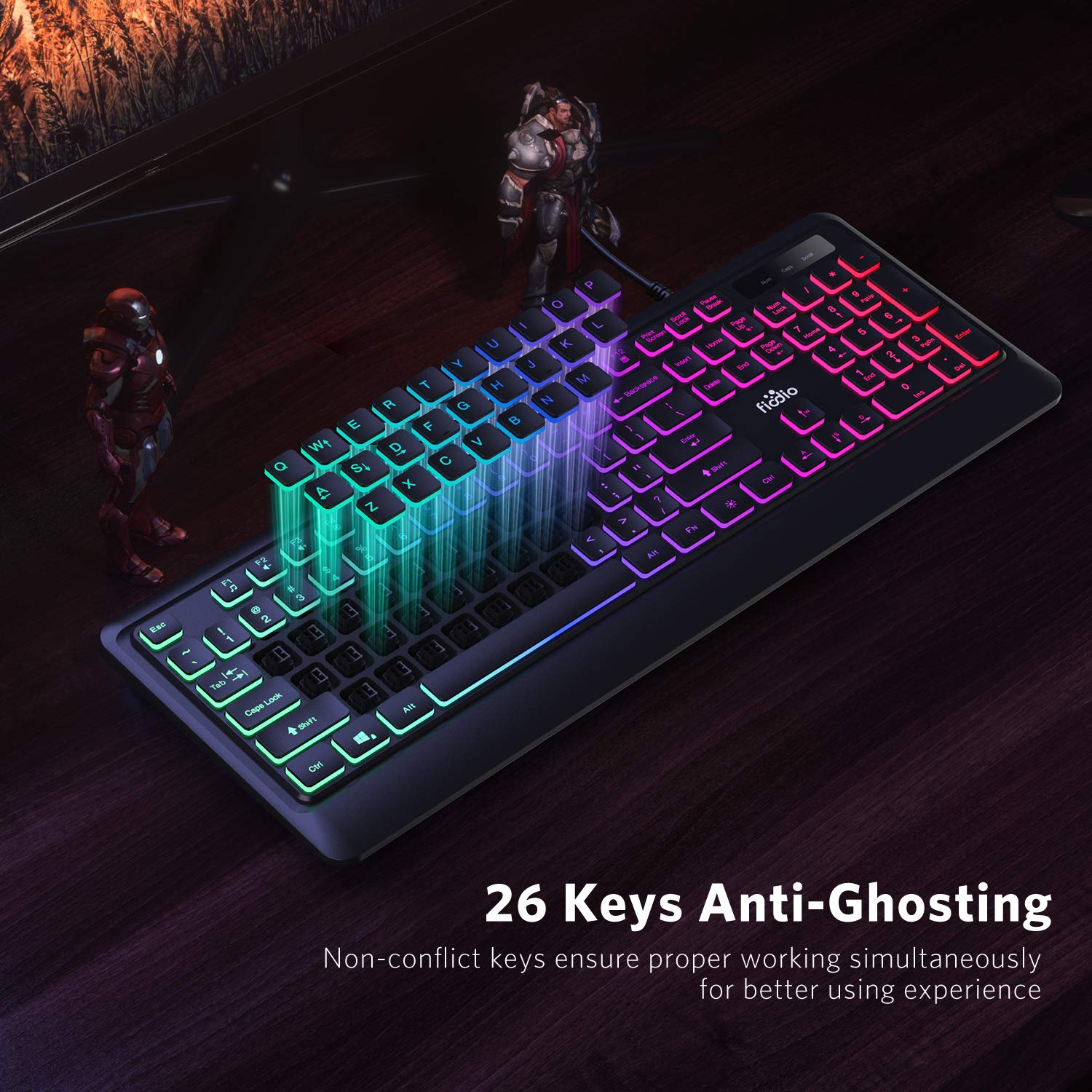 Fiodio Rainbow Membrane Gaming Keyboard, Quiet Wired Computer Keyboard, 104 Silent & 26 Anti-Ghosting Keys, Spill Resistant, Multimedia Control for PC and Desktop