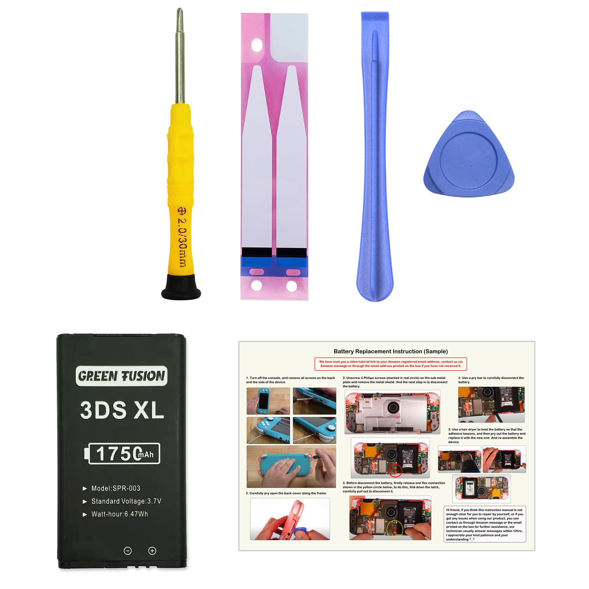 GREEN FUSION for 3DS XL & New 3DS XL Battery Replacement, 1750mAh SPR-003 Battery for Nintendo 3DS XL/New 3DS XL (Not for 3DS/New 3DS) with Repair Toolkit