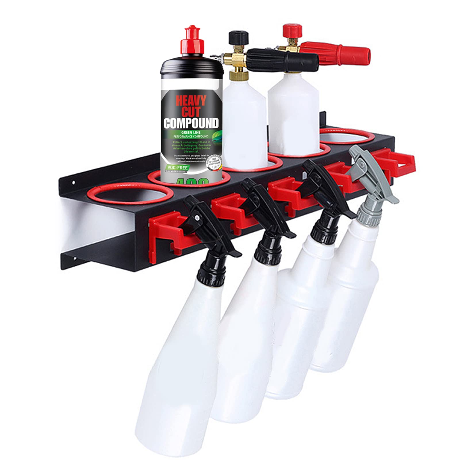 Spray Bottle Storage Rack,Spray Bottle Holder,Wall Mounted Garage Bottle Organizer with 5 Plastic Hanging Hooks Cleaning Detailing Tools Hanger,Abrasive Material Hanging Rail Car Beauty Shop Accessory