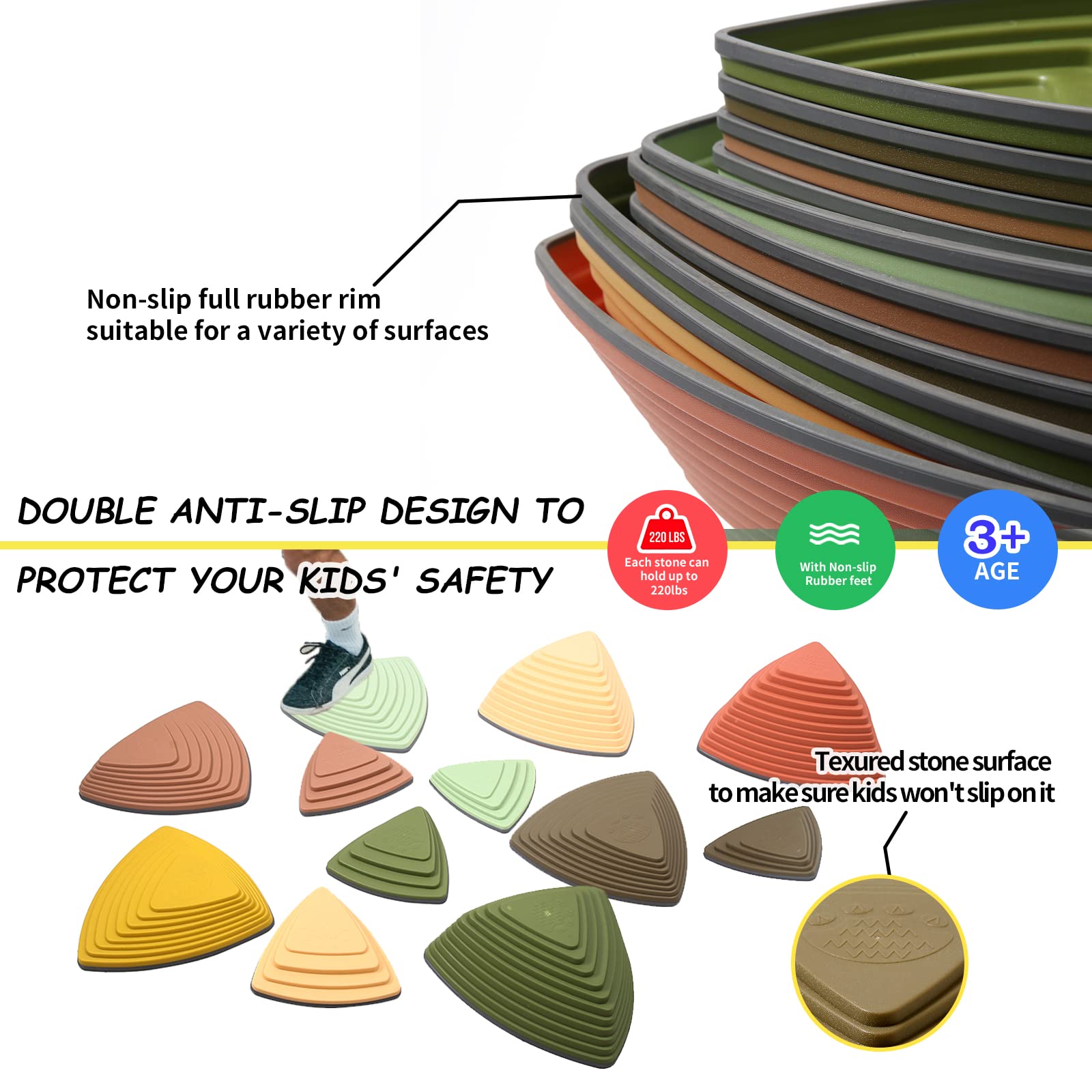 makarci Stepping Stones for Kids 12pcs Obstacle Courses Play Indoor Outdoor, Full Rubber Rim Plastic Hilltop for Kids Balance and Integration Improvement Age 3 4 5 6 7 8 + (Forest)