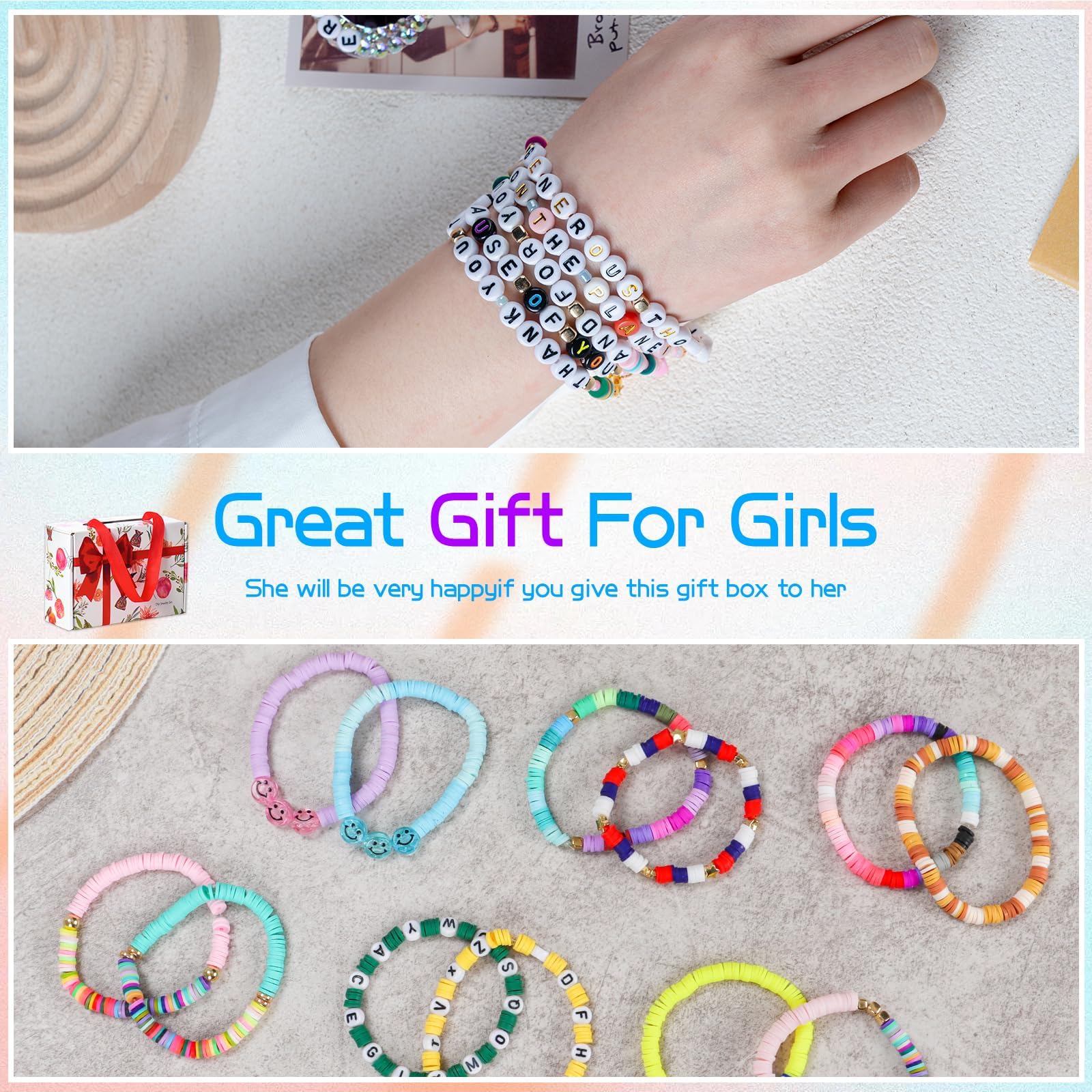 SJZWSD 6-Box Friendship Bracelet Making Kit - 16,000pcs Clay Beads, Seed Beads & Glass Beads Collection, Letter Beads, Charms