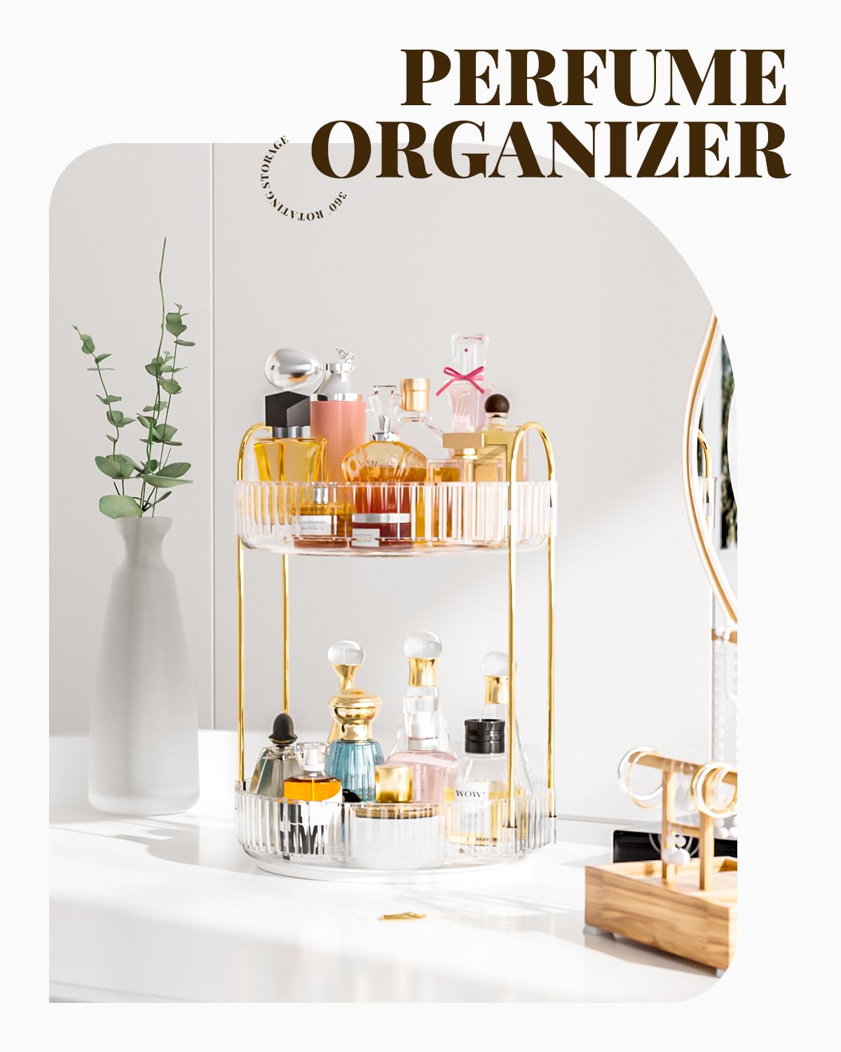 Devokimi Bathroom Organizer Countertop, Rotating Makeup Organizer for Vanity, 2-Tier Make Up Organizers and Storage, Vanity Tray Shelf for Cosmetic, Skin Care, Lotions (Clear)