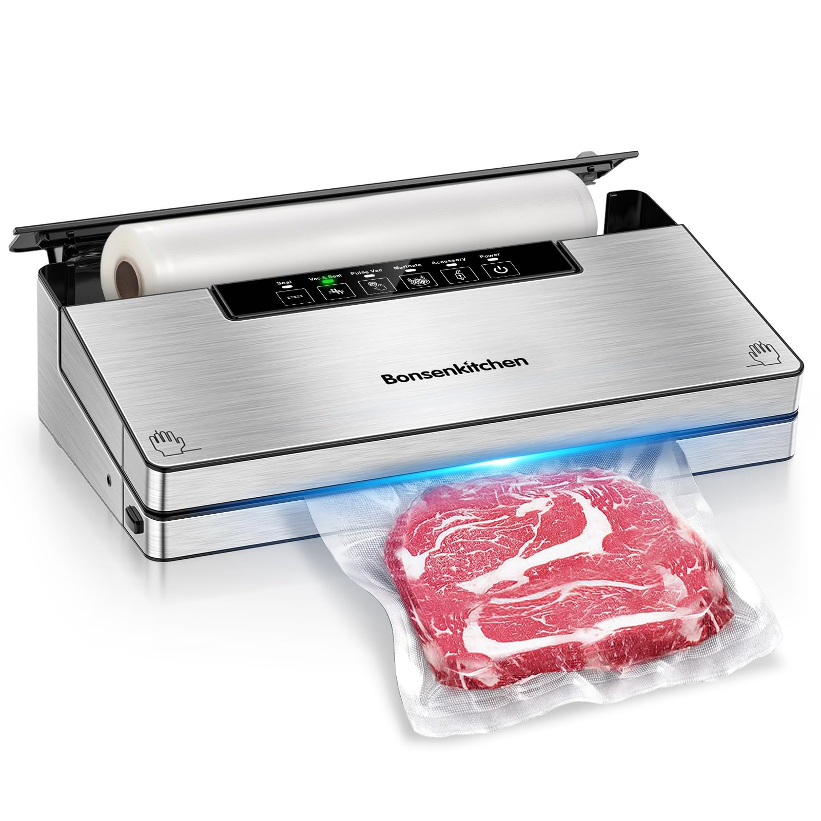 Bonsenkitchen Vacuum Sealer Machine, Powerful Food Sealer with 5 Modes, Built-in Cutter & Bag Storage,Globefish Technology for High-Speed Continuous Working, Include 1 Bag Roll, Stainless Steel