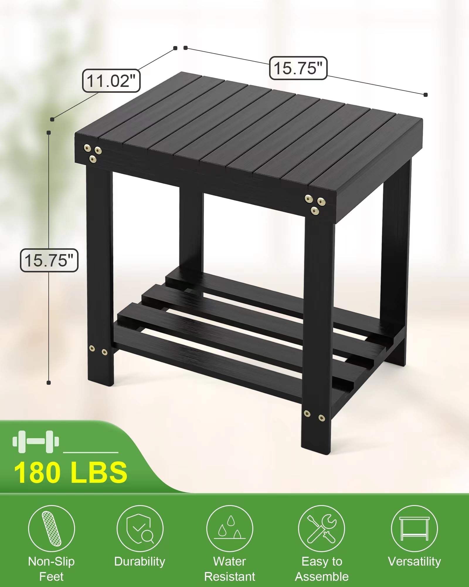 Bamneat Small Bamboo Bathroom Shower Bench with Storage Shelf, Durable Shower Stool for Shaving Legs, Indoor and Outdoor Use, Black