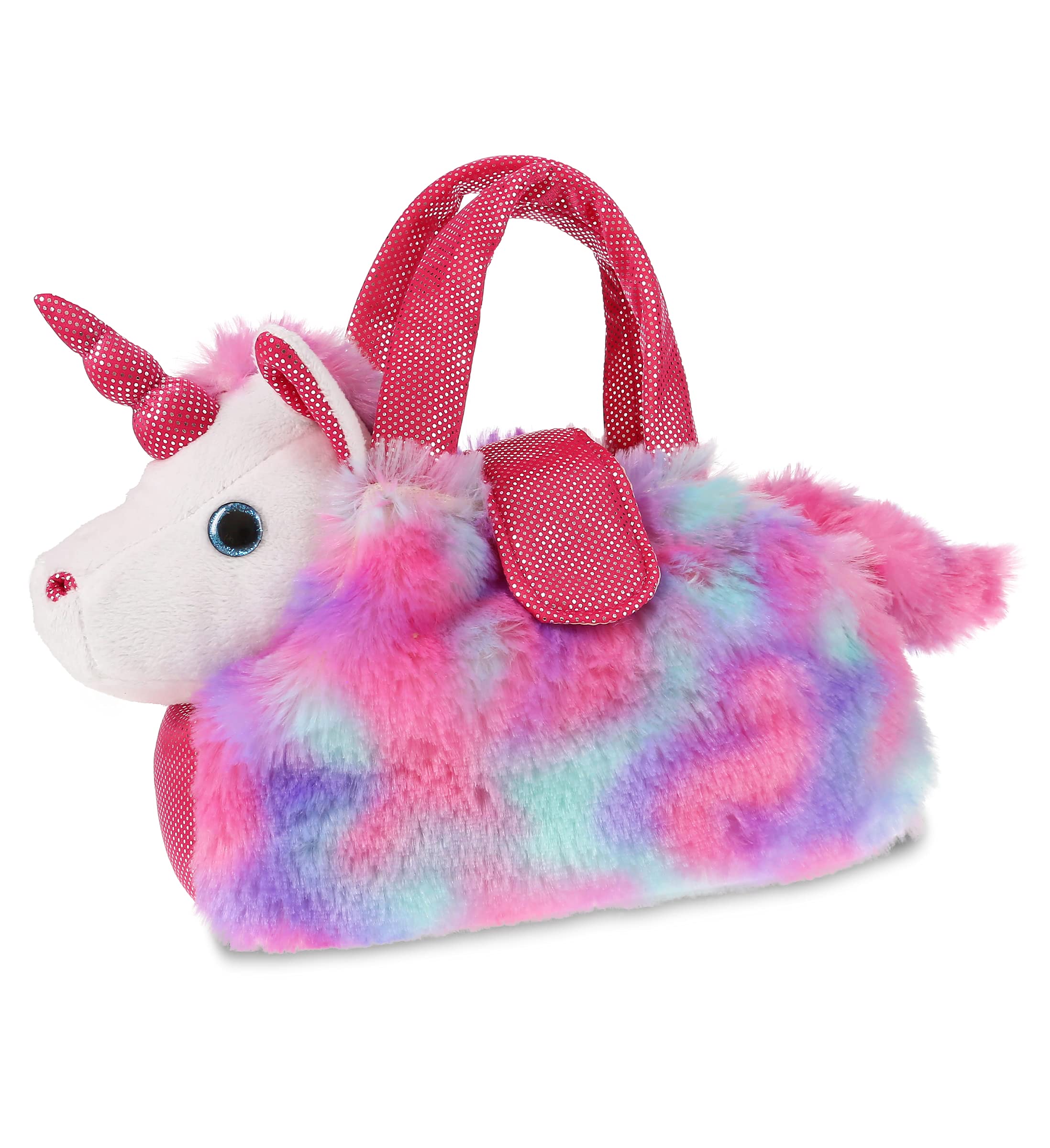 DolliBu Cotton Candy Pink Unicorn Plush Toy Pet Carrier - Cute Unicorn Stuffed Animal Pet Purse for Girls, Removable Sparkly White Unicorn Plush Toy in Fluffy Pink Handbag for Dress Up, Pretend Play