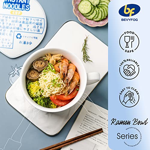 BF BEVYFOG Ramen Bowl Set with Chopsticks 32 OZ Large Ceramic Instant Ramen Noodle Bowls with Lid Gift Wrap Cute Japanese Soup Bowl with Handle, Microwave Safe (Blue)