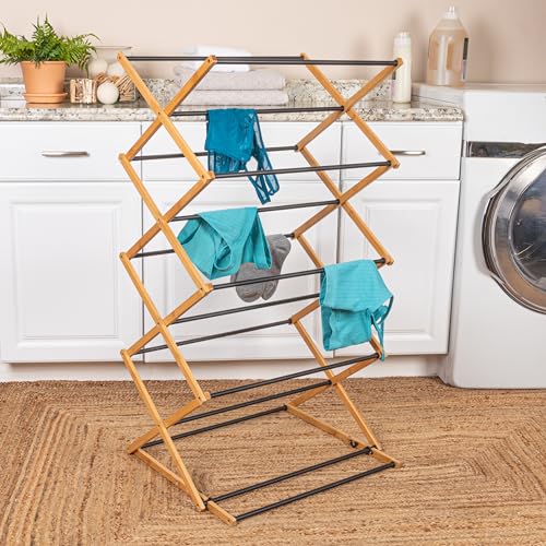 Household Essentials Bamboo Adjustable Folding Clothes Drying Rack, Upscale Laundry Rack with 20 Coated Metal Dowels