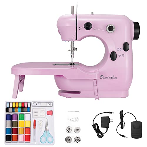 DenniesCare Mini Sewing Machine Handheld Sewing Machine for Beginners Sowing Machine with Extension Table Light Sewing Kit Sewing Products Cherry Blossom Pink