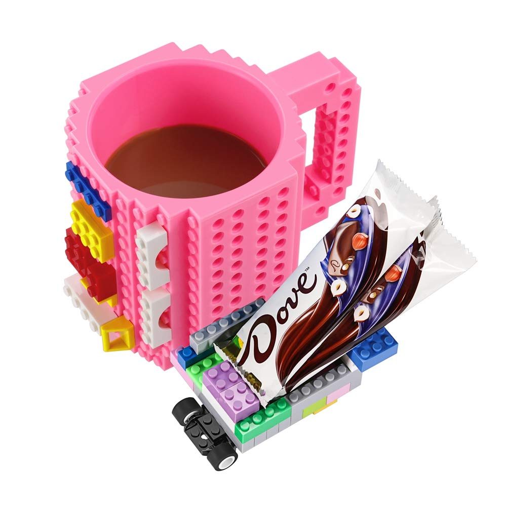 Gvendo Build on Brick Coffee Mug, Fun Gaming Mugs with Handle DIY Pink Large Coffee Cup Funny Gifts for Men Women Office Work or Childhood Education