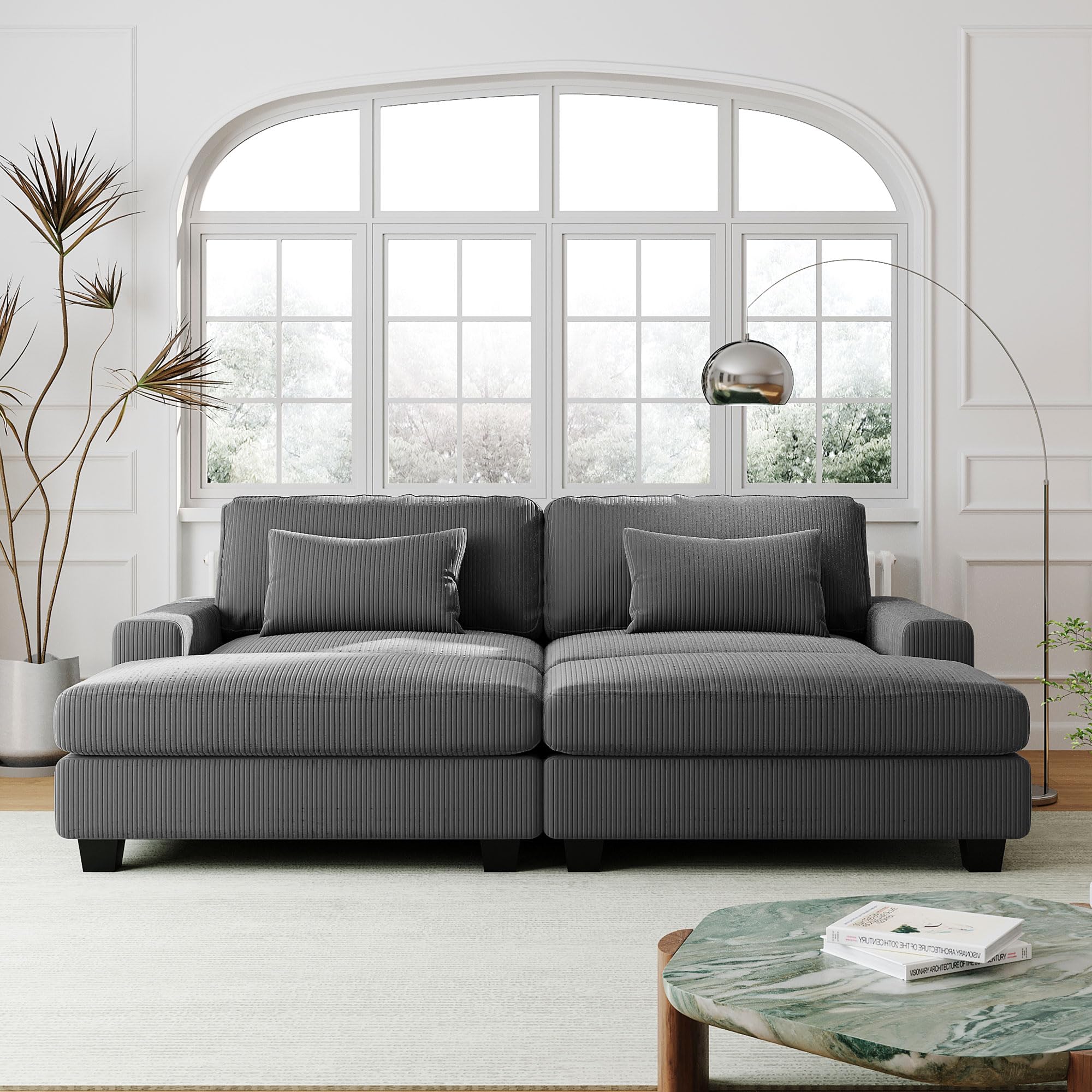 JIVOIT 90'' Square Arm Sofa with Two Detachable Ottomans, Velvet Fabric Sofa Set with Removable Back Cushions and 2 Pillows, Couch for Living Room, Office, Apartment (Grey * 037)